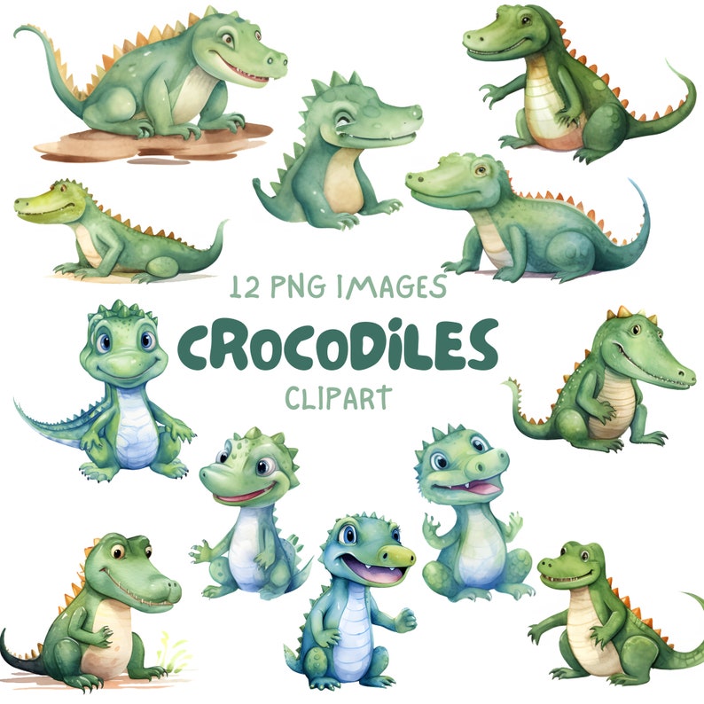 12 Crocodile Alligators Clipart Bundle, Watercolor, Nursery Wall Art ...