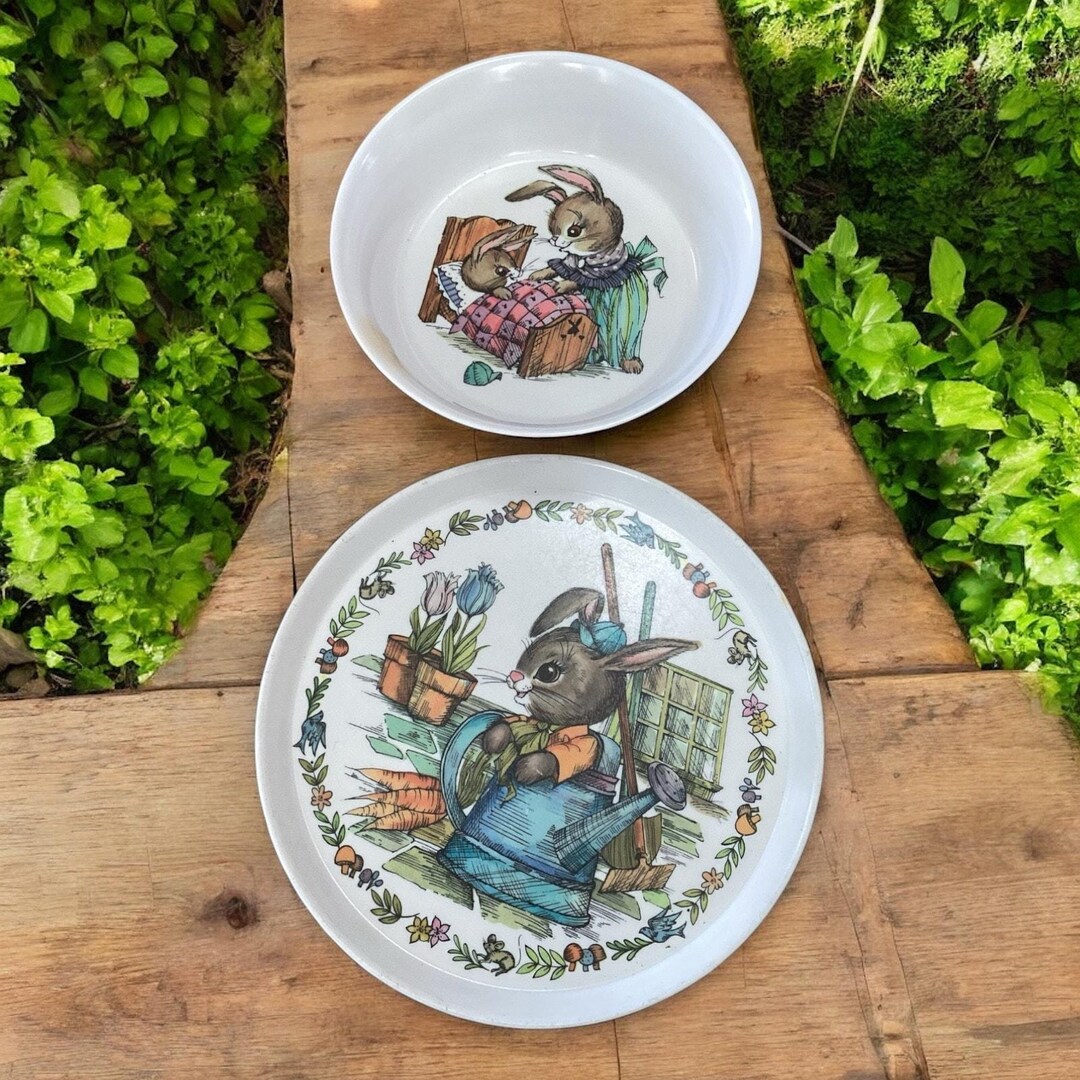 Vintage Peter Rabbit Oneida Deluxe Melamine Plate Bowl Kitchen Set Kids ...
