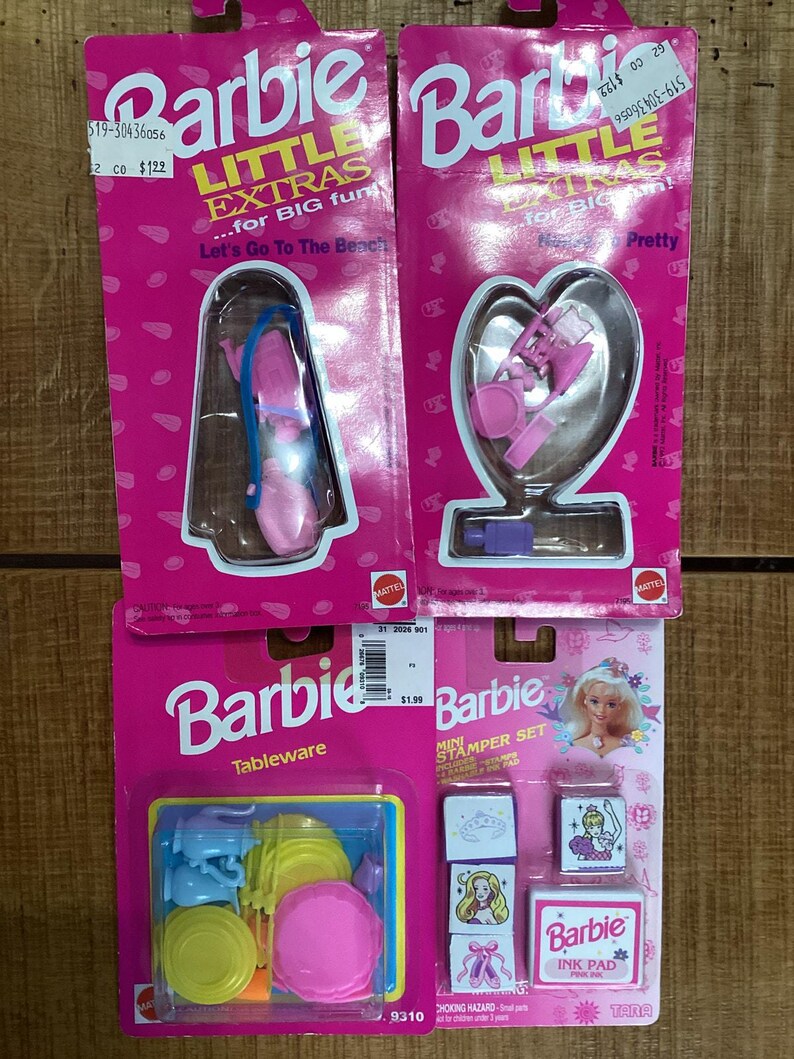 4 Vintage NIP Mattel Barbie Doll Little Extras Beach Tablewear Mini ...