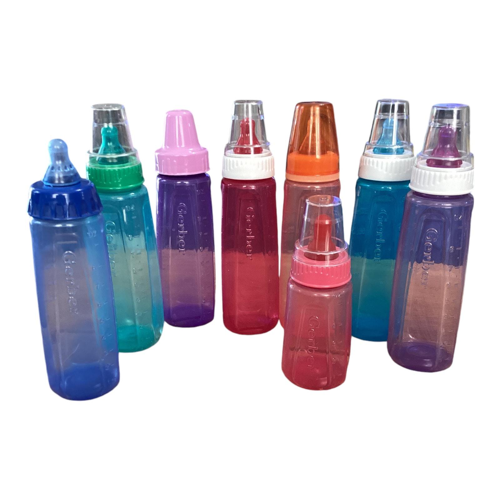 Vintage 90s Lot of 8 Plastic Gerber Baby Bottles Lids COLORS Pink Blue ...