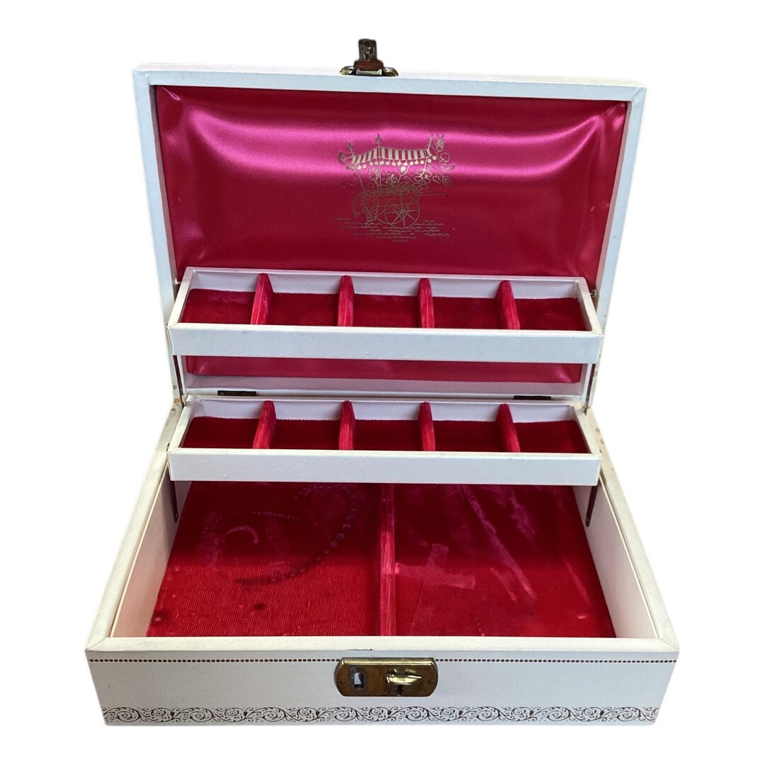 Vintage MCM Cream Gold Red Velvet Jewelry Trinket Box Dresser Movie TV ...