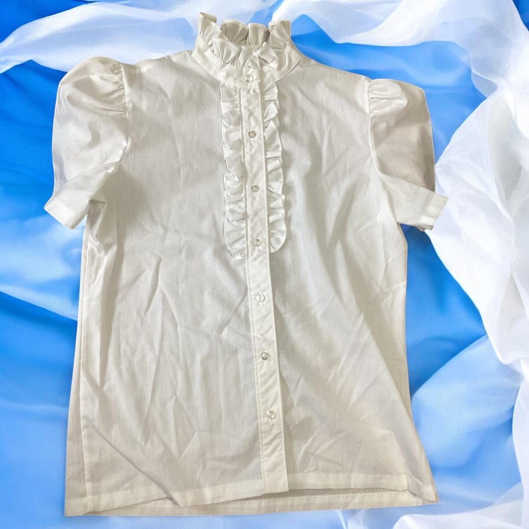 Vintage Womens Rhoda Lee White Ruffle Neck Top Blouse Romantic ...