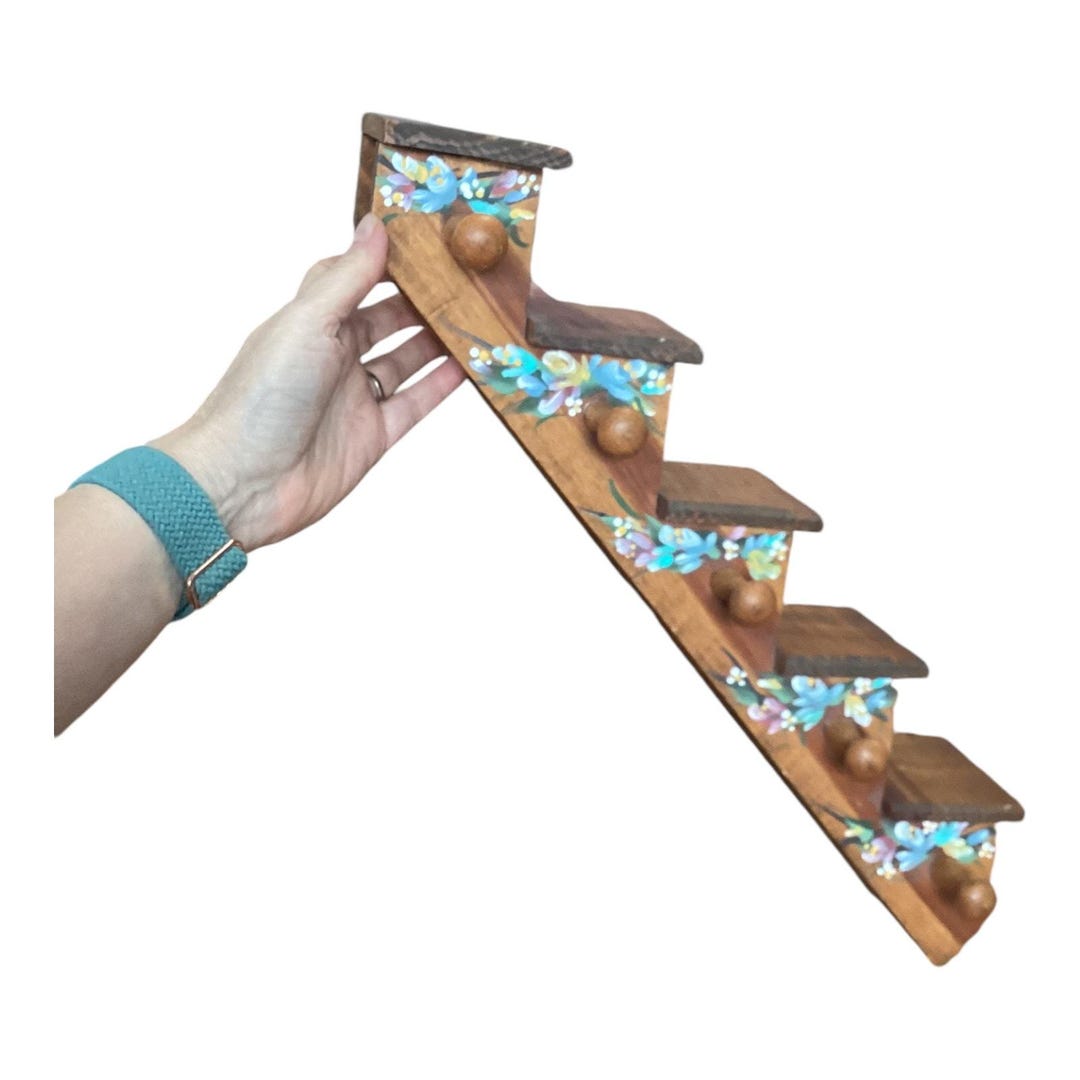 Vintage Painted Wood Stair-step Wall Shelf Rack Miniatures Display ...