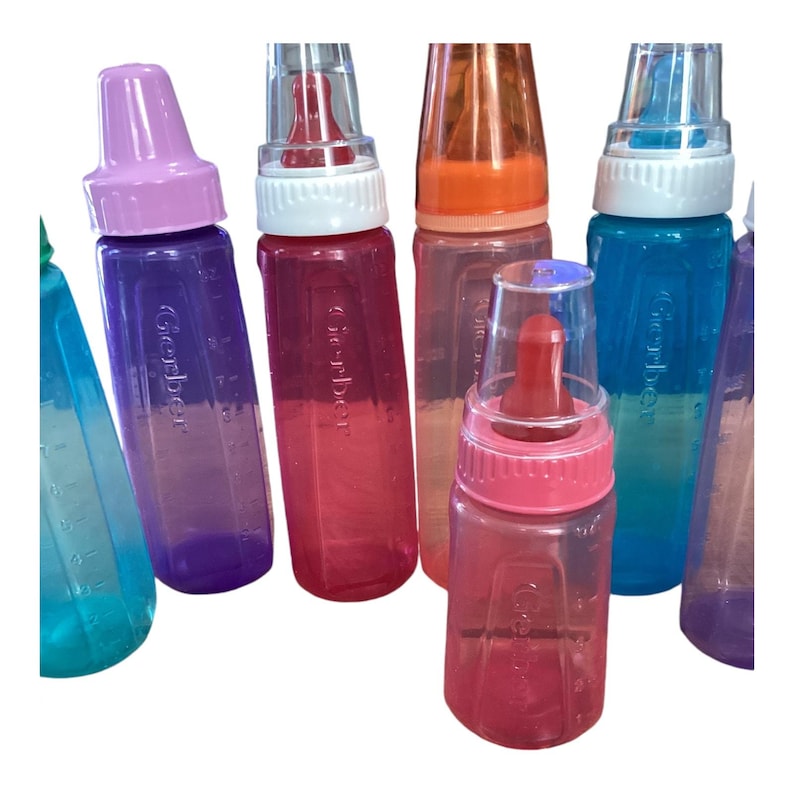 Vintage 90s Lot of 8 Plastic Gerber Baby Bottles Lids COLORS Pink Blue ...