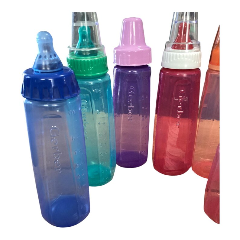 Vintage 90s Lot of 8 Plastic Gerber Baby Bottles Lids COLORS Pink Blue ...