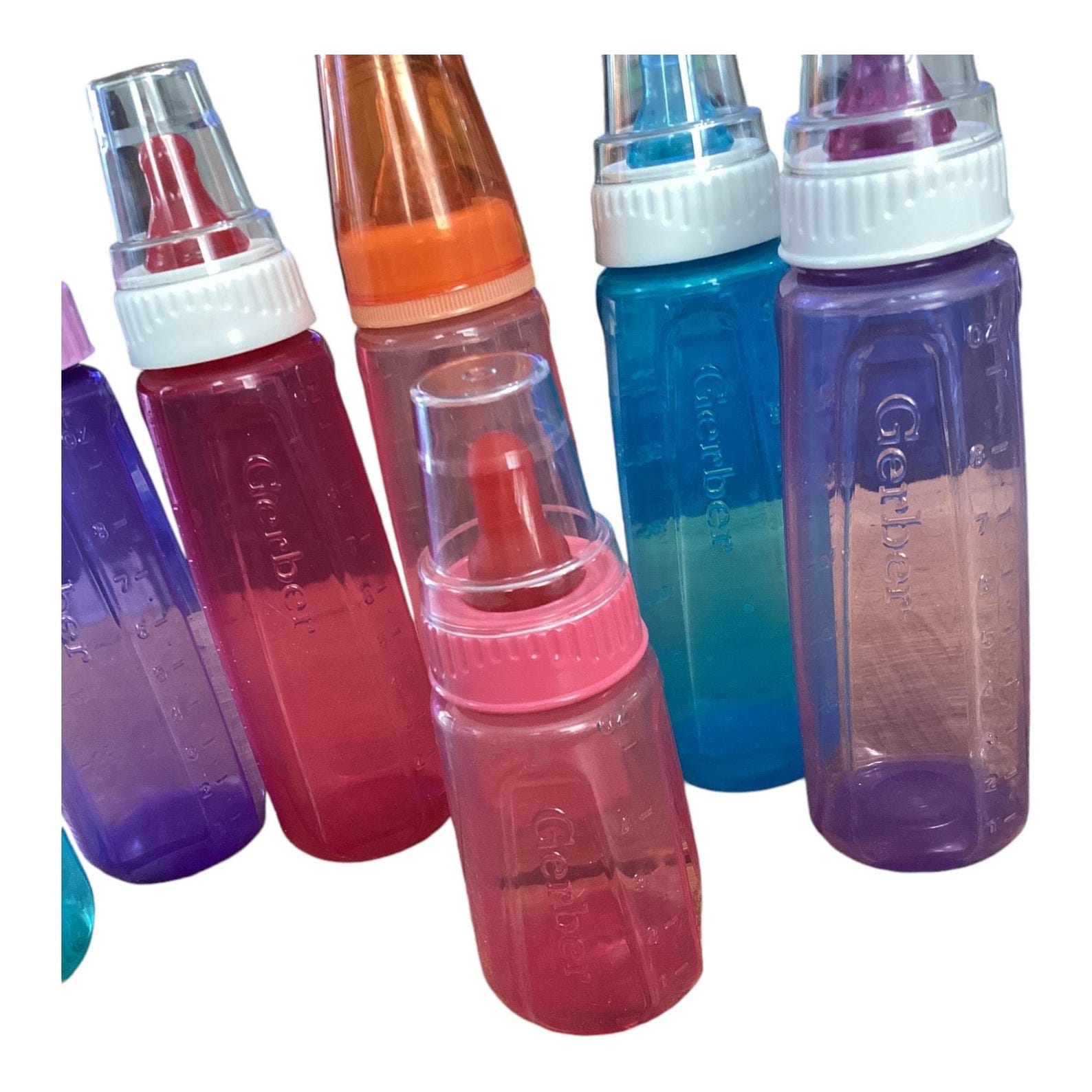 Vintage 90s Lot of 8 Plastic Gerber Baby Bottles Lids COLORS Pink Blue ...