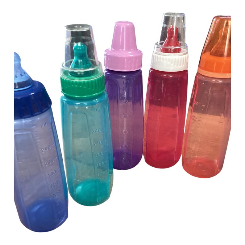 Vintage 90s Lot of 8 Plastic Gerber Baby Bottles Lids COLORS Pink Blue ...