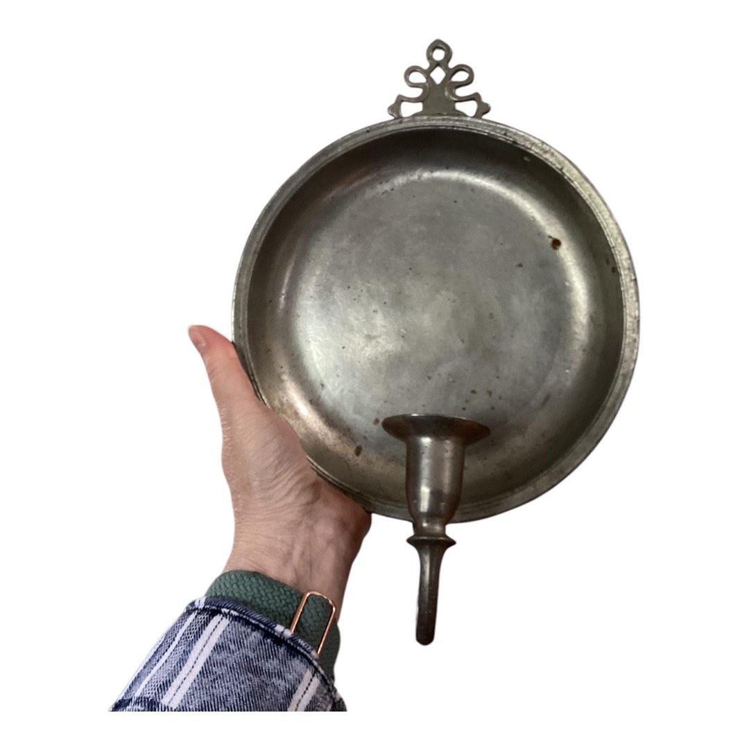 Primitive Colonial Pewter Round Plate Wall Sconce Candle Holder ...