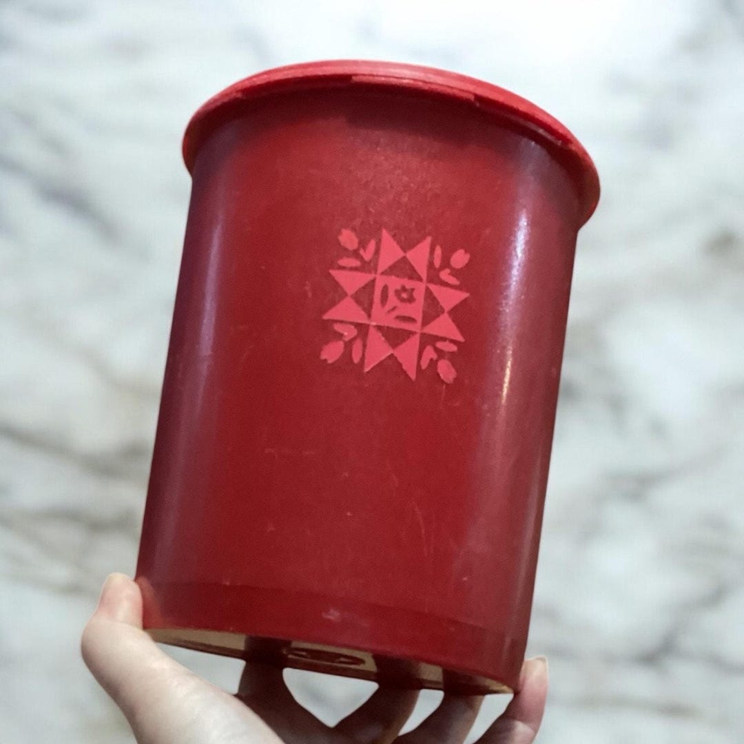 Vintage Tupperware Red Quilt Pattern Kitchen Canister Boho Granny Chic ...