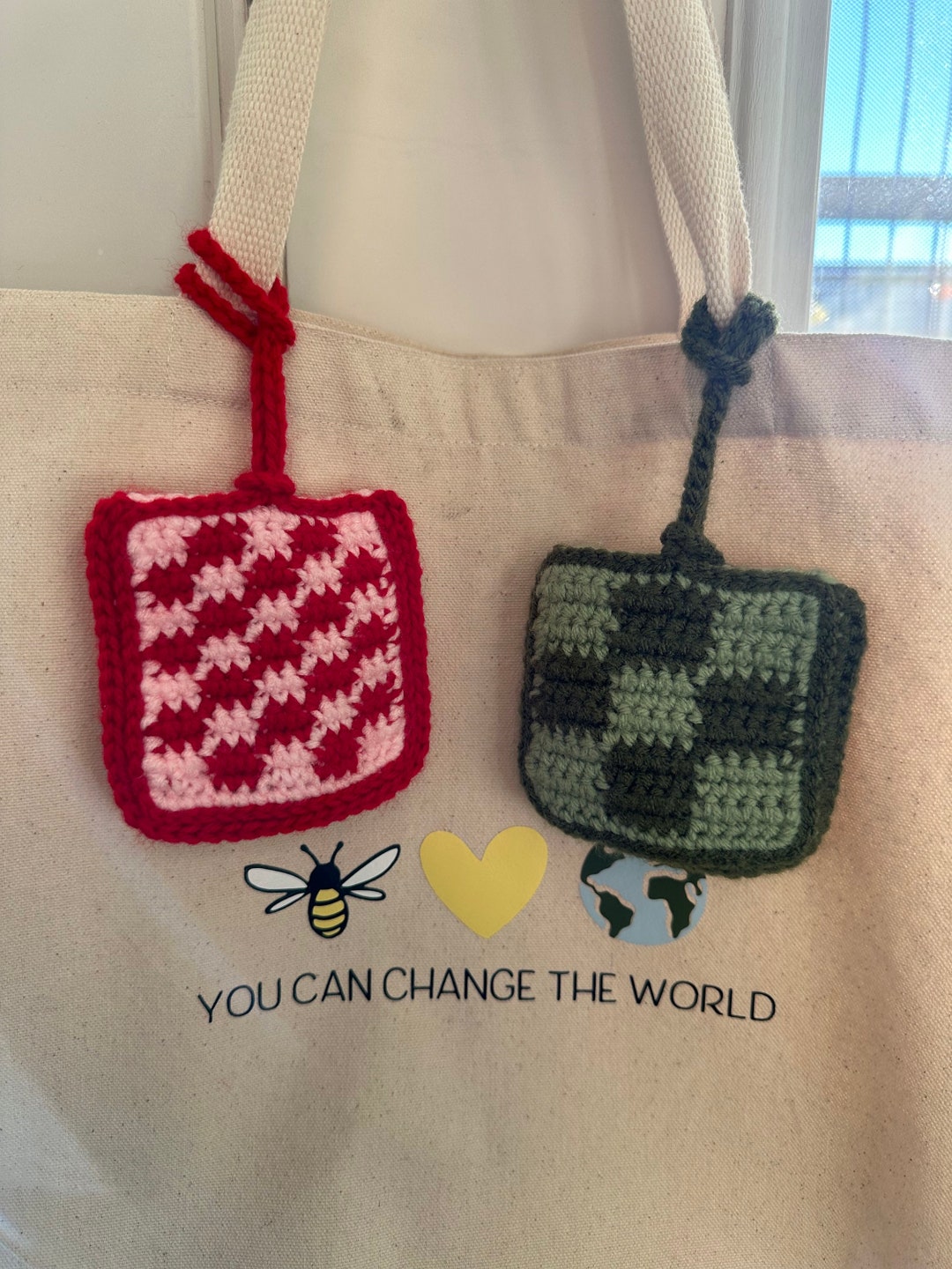 Adorable Square Checkered Crochet Pouch Bag Charm Small Accessory ...