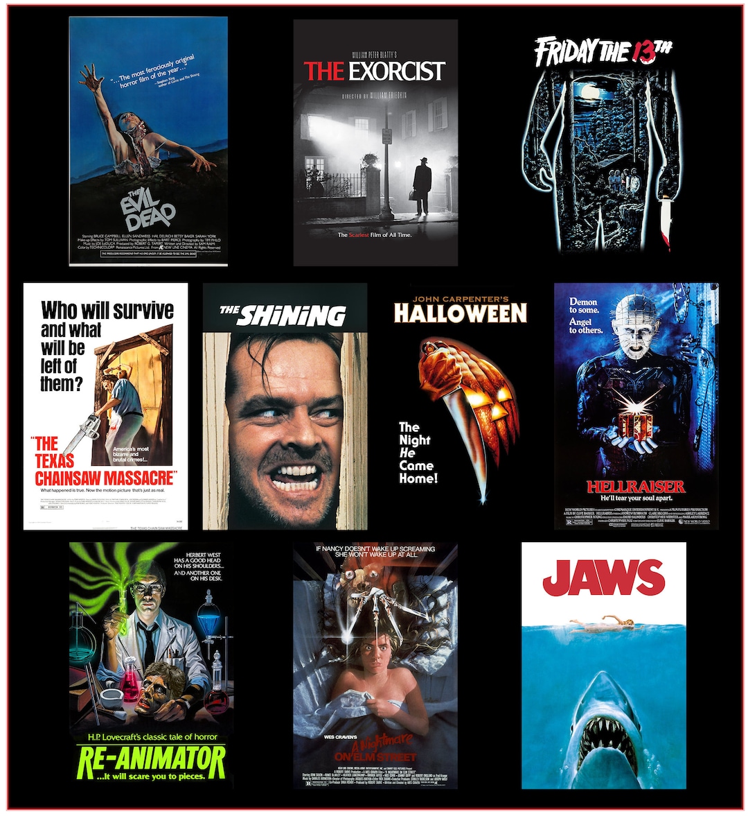 Retro Horror Movie Poster Prints Set of 10 Size: 12 X18 Jaws, Evil Dead ...