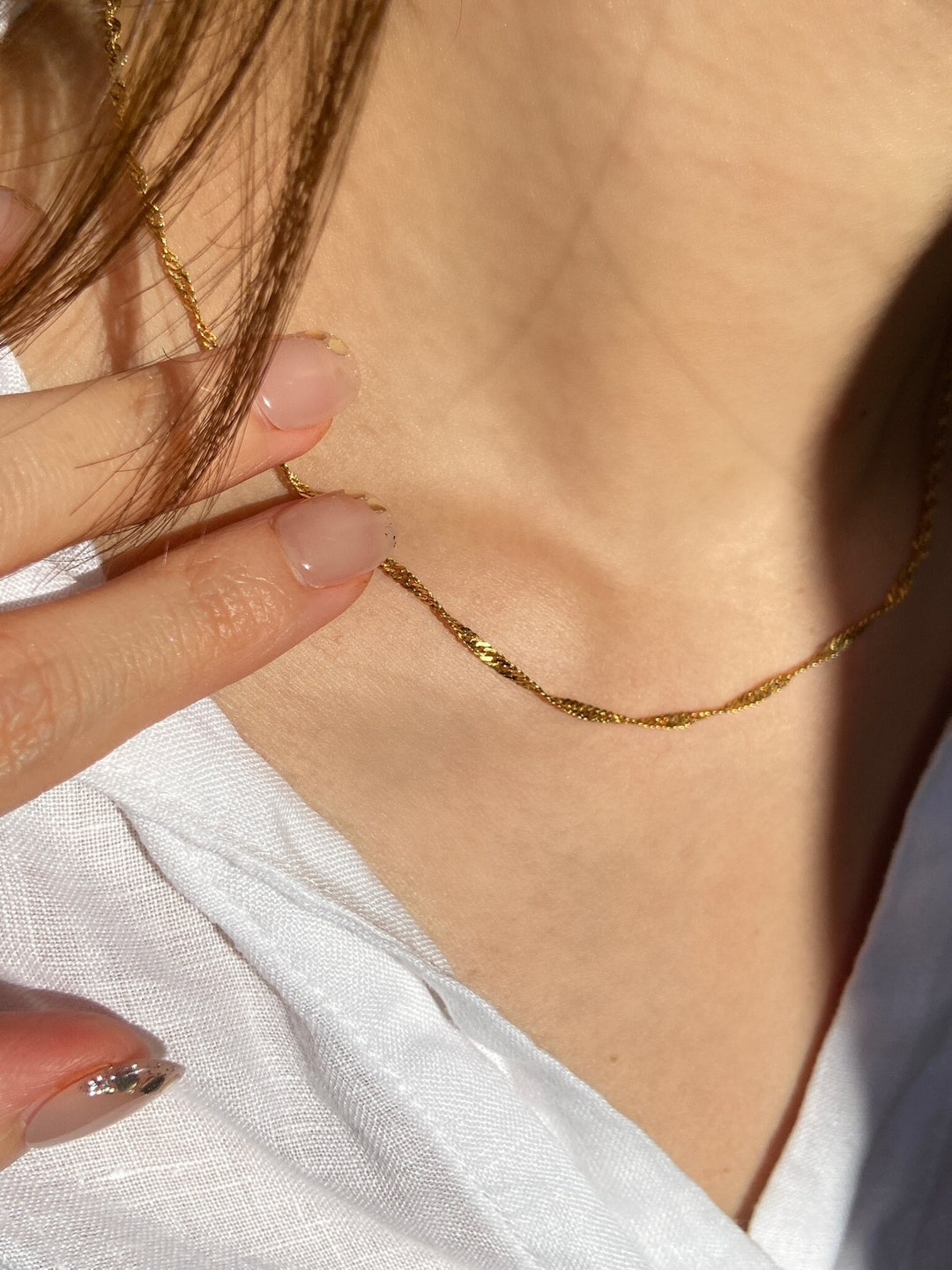 18K PVD Gold Dainty Twisted Chain Necklace Whisper Thin Waterwave Chain ...