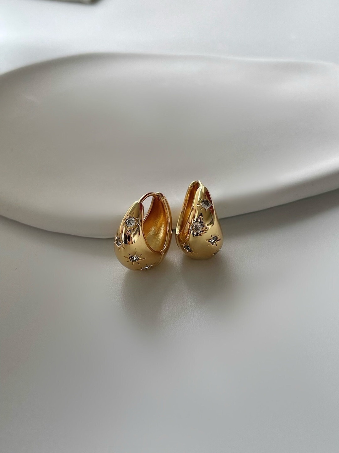 Celestial Tapered Hoops Starburst Teardrop Earring 18K PVD Gold Plated ...