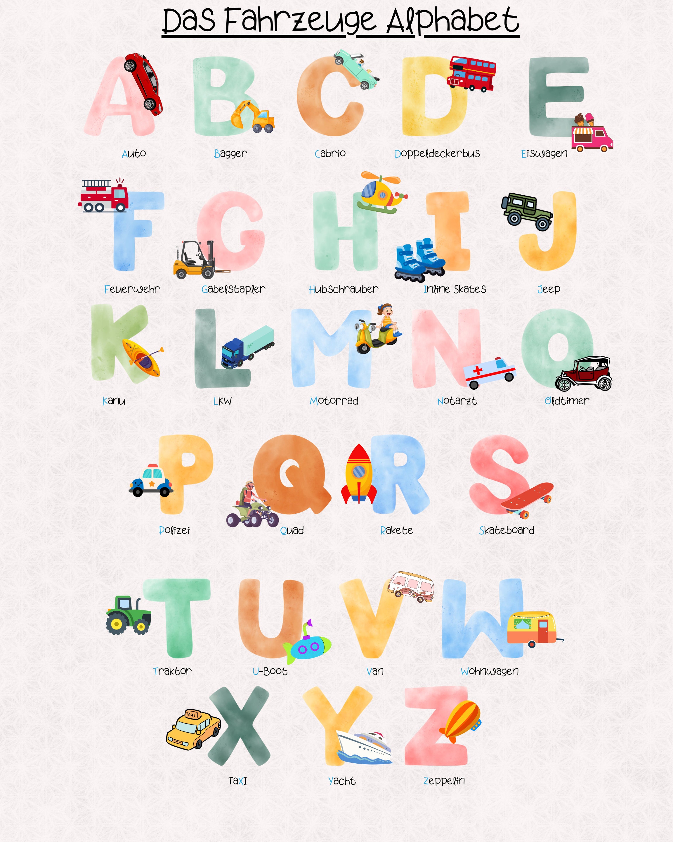 Kinderbild Fahrzeuge ABC / Buchstaben Bild / Datei oder Druck ...