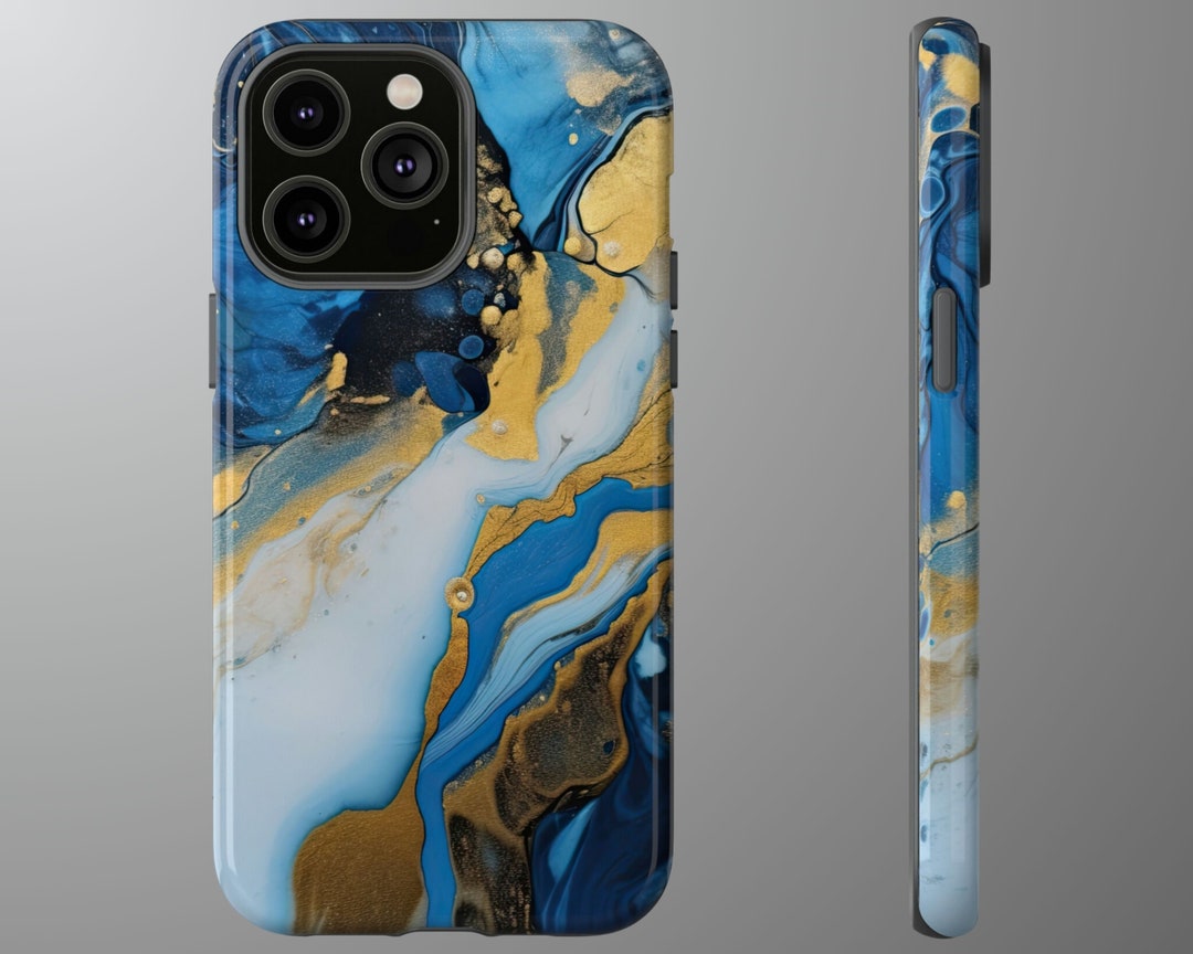Abstract Blue and Metallic Gold Liquid Paint Tough Phone Case ...
