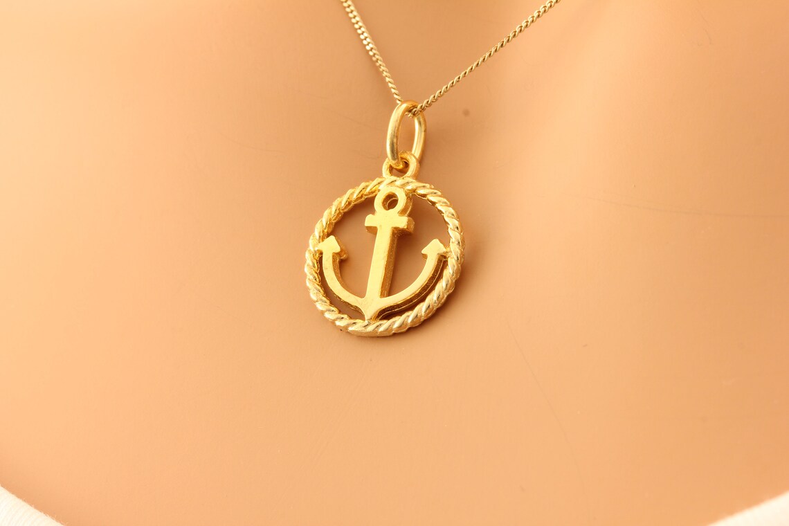 10K Solid Gold Ships Anchor in Rope Circle Pendant, Christian Symbol of ...