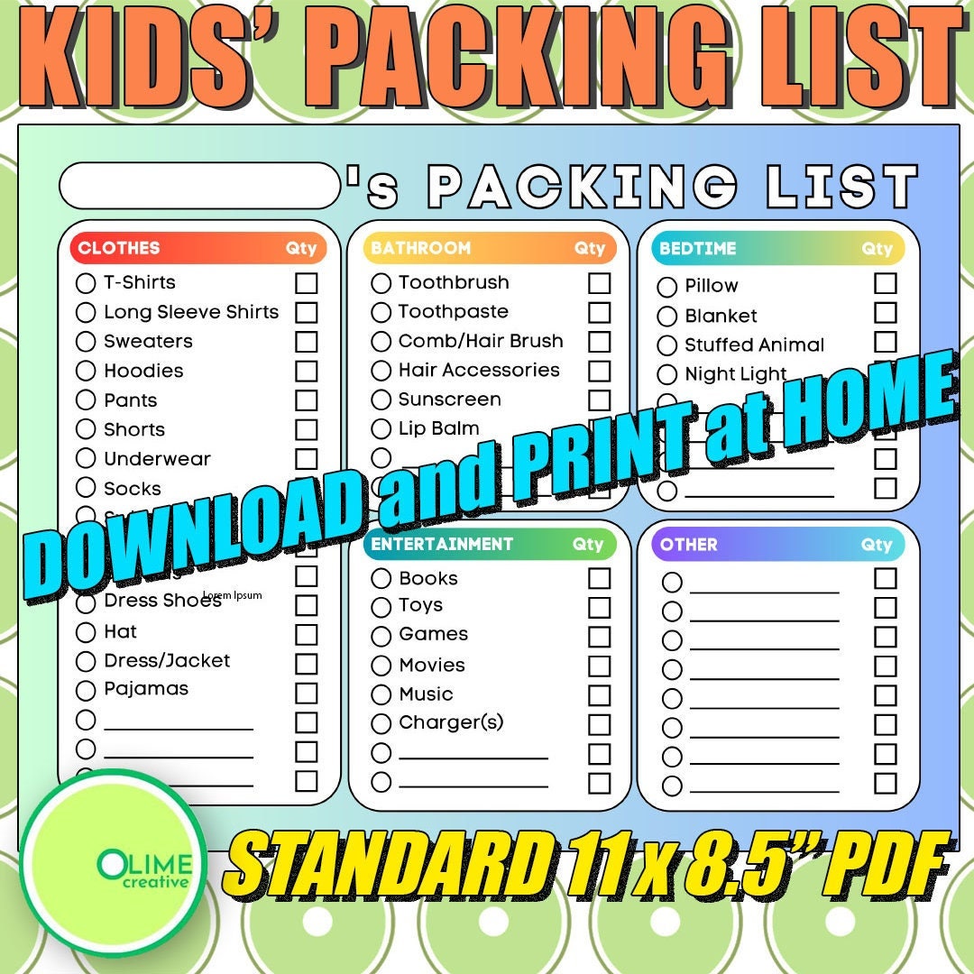 KIDS' PACKING LIST Printable Organizing Tool - Etsy