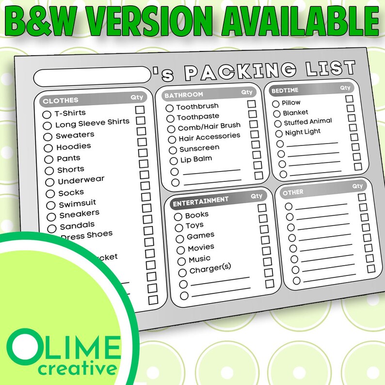 KIDS' PACKING LIST Printable Organizing Tool - Etsy