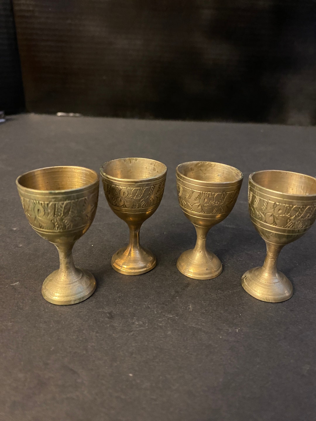 Set of 4 Etched Brass Shot Cups. - Etsy
