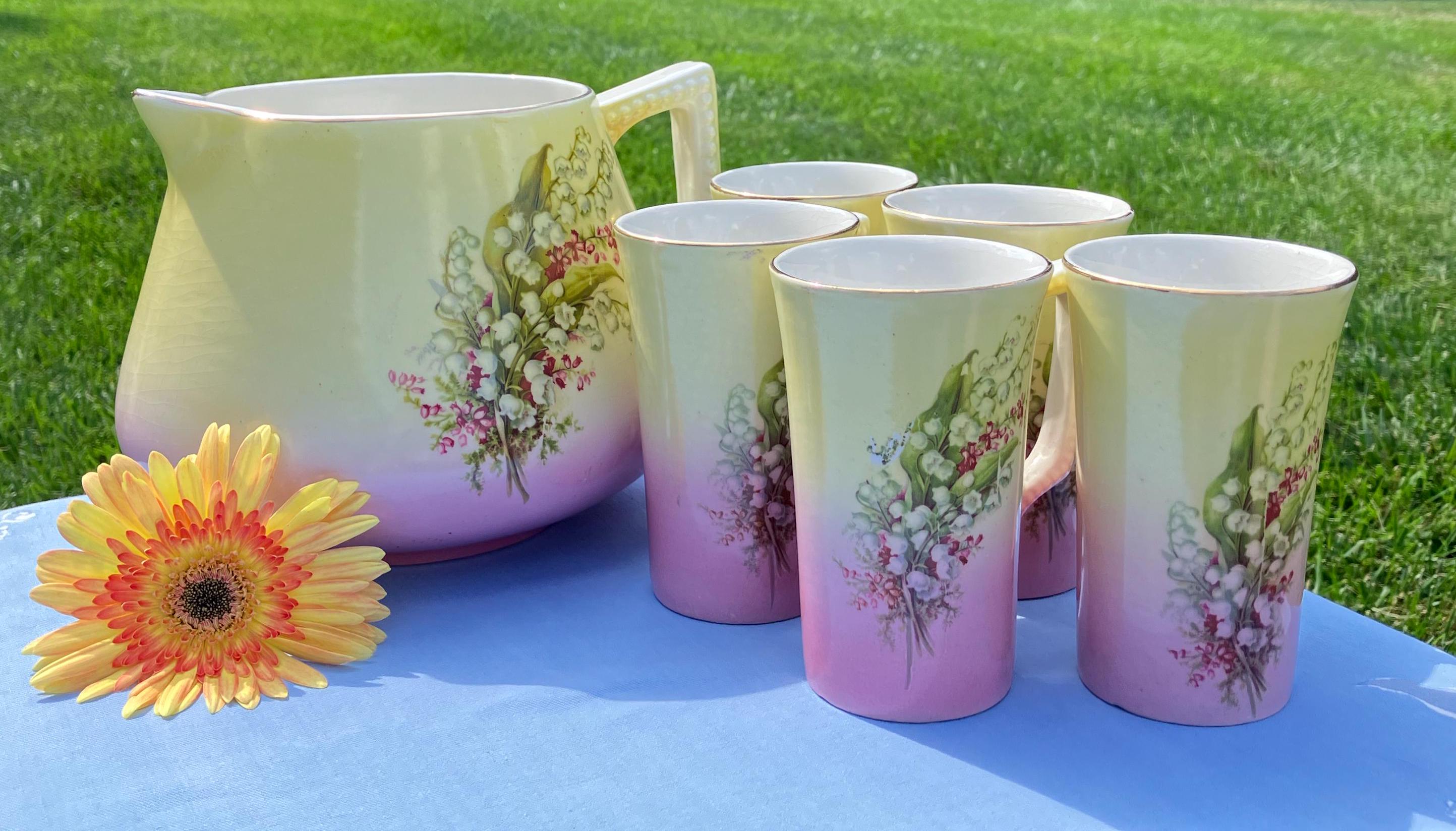 Vintage Ceramic Lily of the Valley Cider Lemonade Pitcher and Five Mugs ...