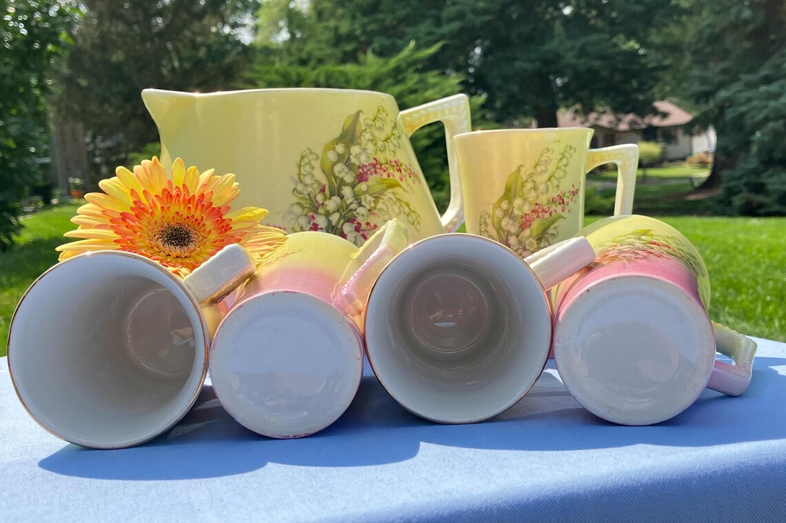 Vintage Ceramic Lily of the Valley Cider Lemonade Pitcher and Five Mugs ...