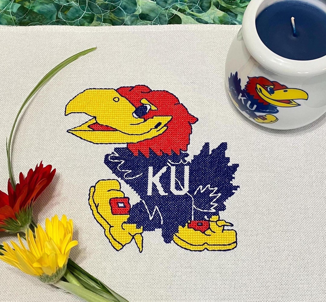 Vintage Completed Counted Cross Stitch - “university of Kansas Jayhawk ...