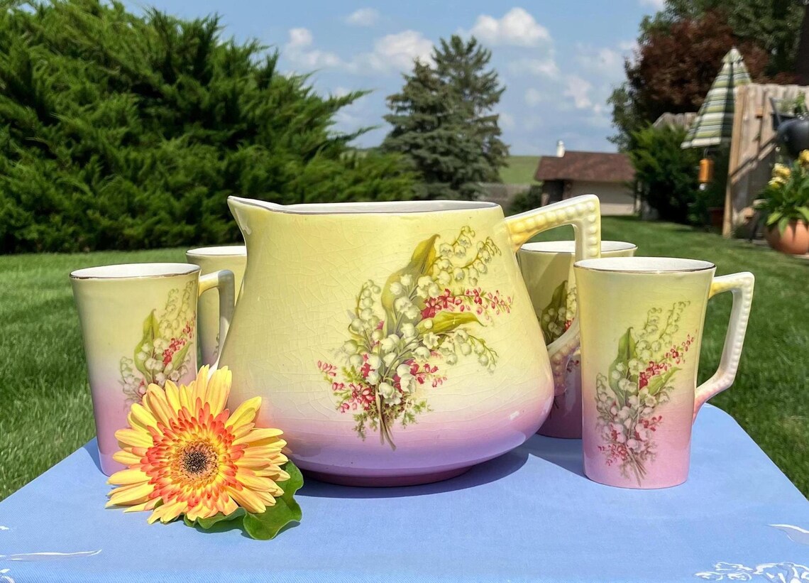 Vintage Ceramic Lily of the Valley Cider Lemonade Pitcher and Five Mugs ...