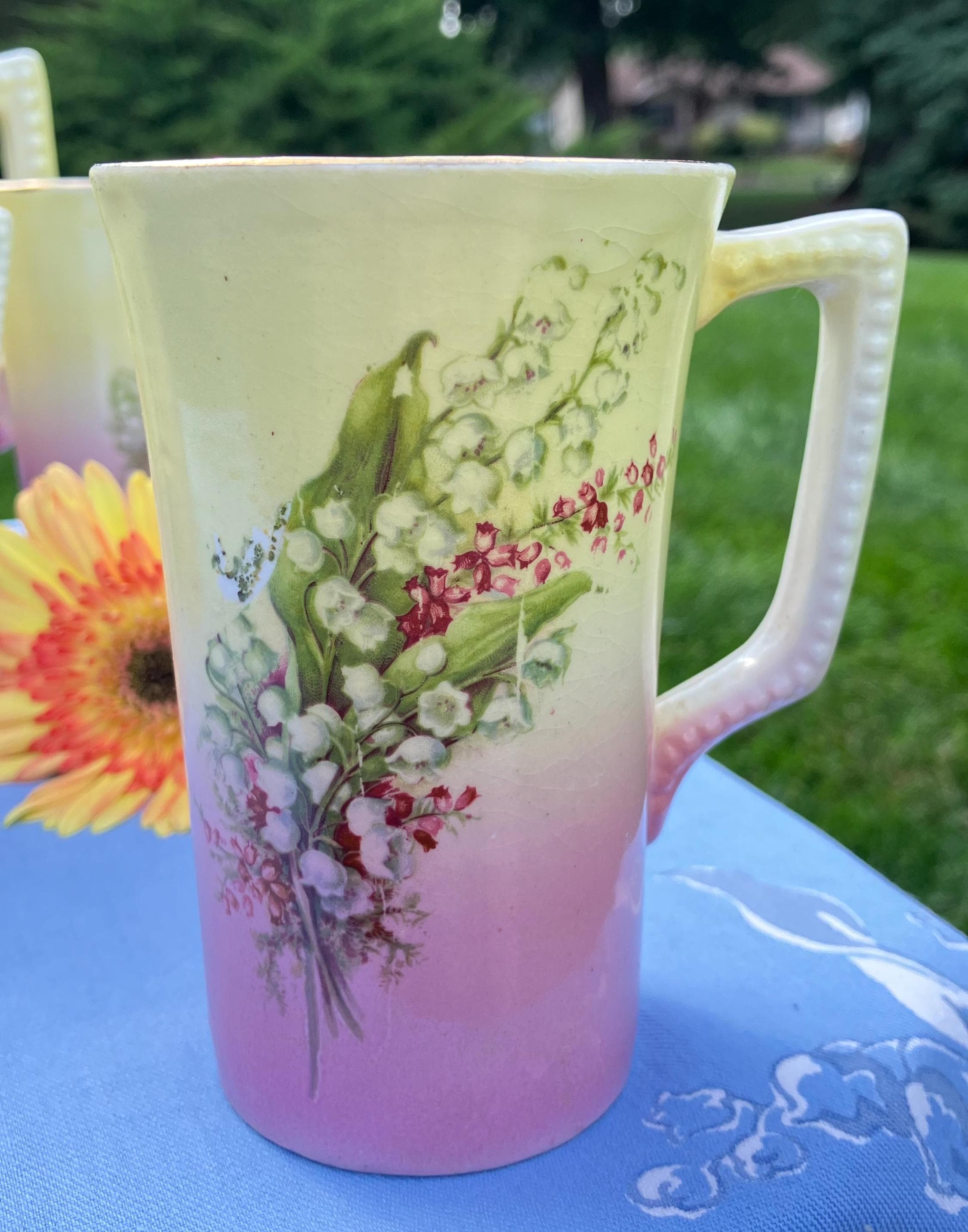 Vintage Ceramic Lily of the Valley Cider Lemonade Pitcher and Five Mugs ...
