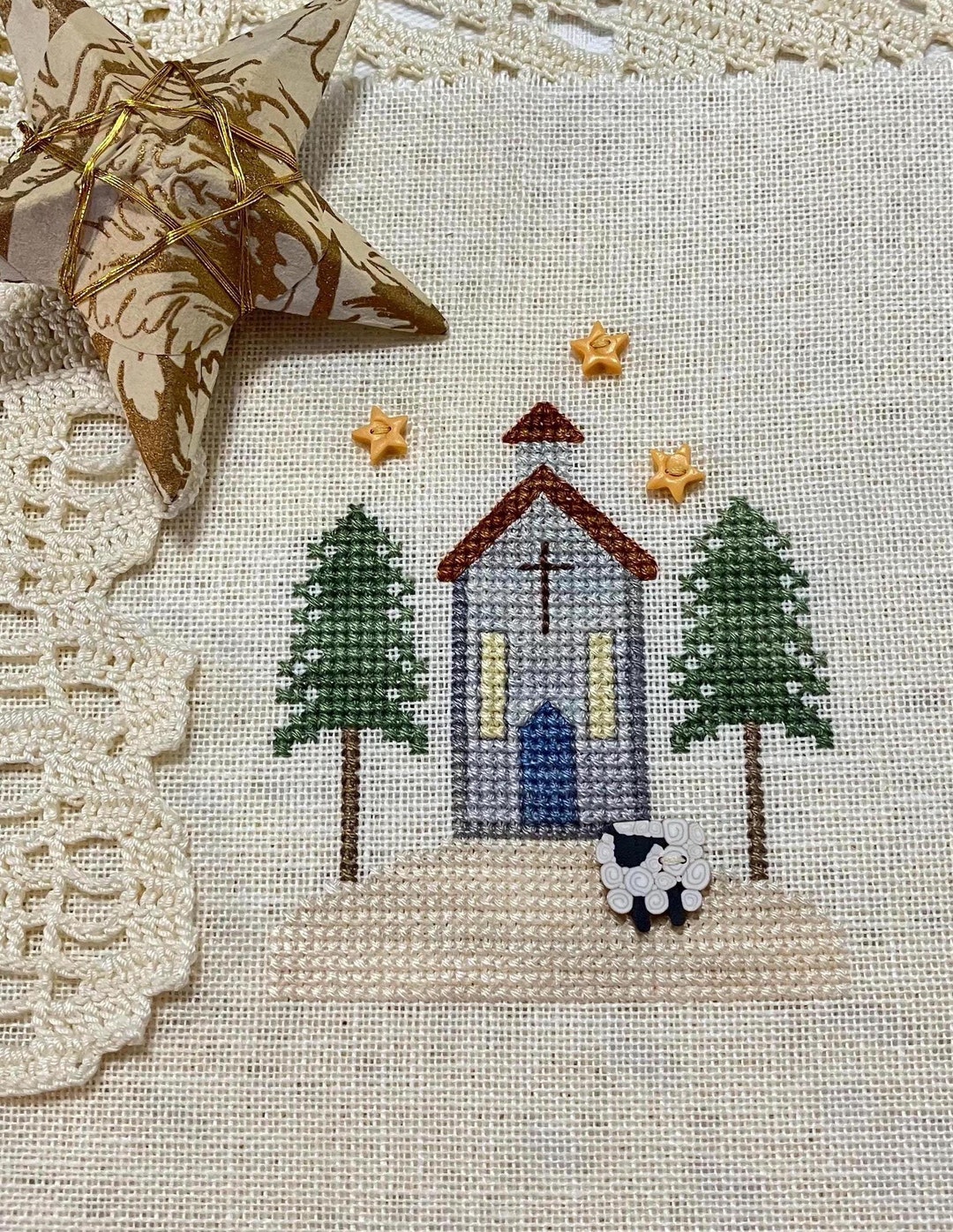 Completed Cross Stitch Country Church Ready for You to Finish 2 7/8 W X ...