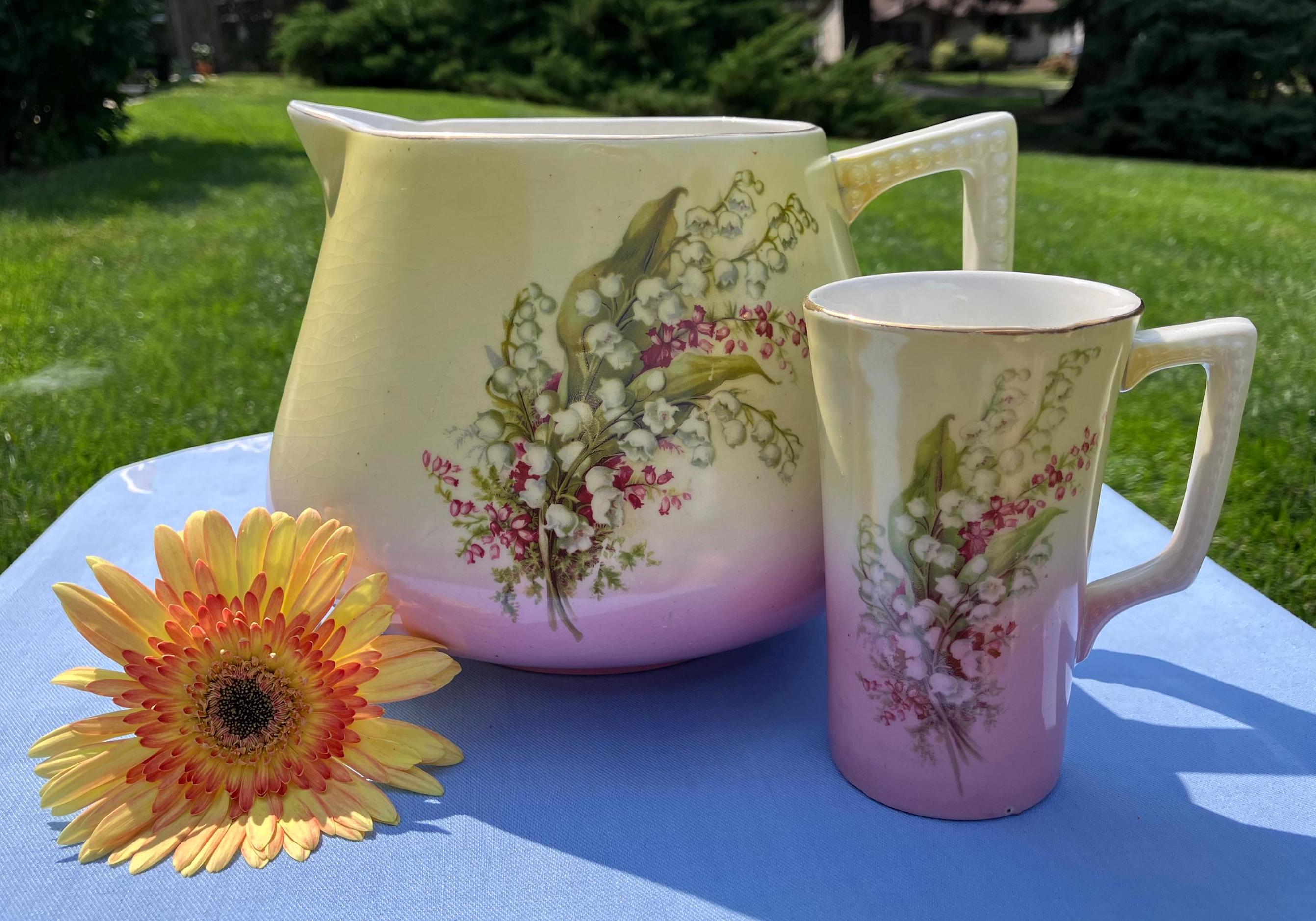 Vintage Ceramic Lily of the Valley Cider Lemonade Pitcher and Five Mugs ...