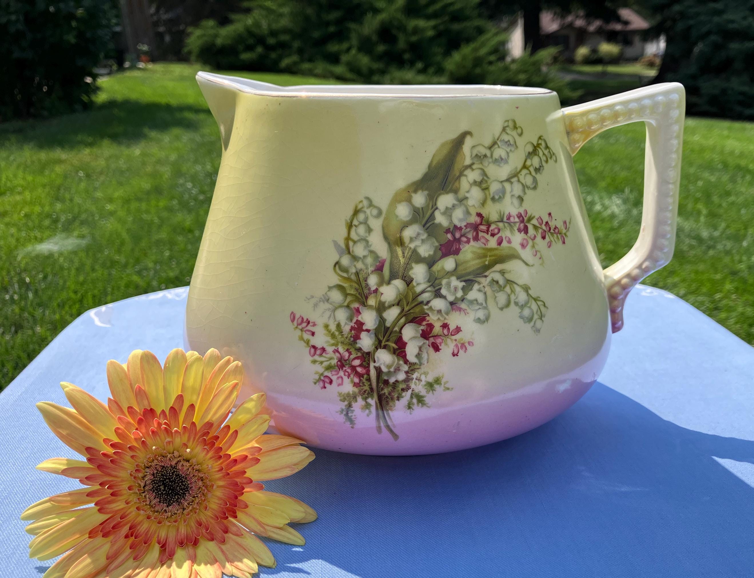 Vintage Ceramic Lily of the Valley Cider Lemonade Pitcher and Five Mugs ...