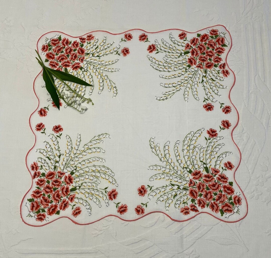 Vintage 1950s Scalloped Edge Floral Cotton Handkerchief Red and Coral ...