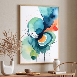 Abstract Watercolor Art Print, Modern Blue & Green Ink Splash Poster ...
