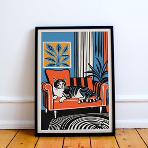 Retro Cat Poster, Mid-century Modern Style Home Decor, Vibrant Eclectic ...