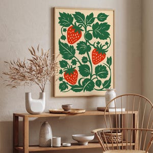 Botanical Strawberry Poster - Retro Kitchen Decor - Bold Red and Green ...