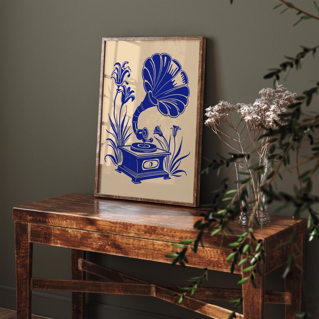 Blue Gramophone in Flowers Print, Vintage Style, Retro Phonograph ...
