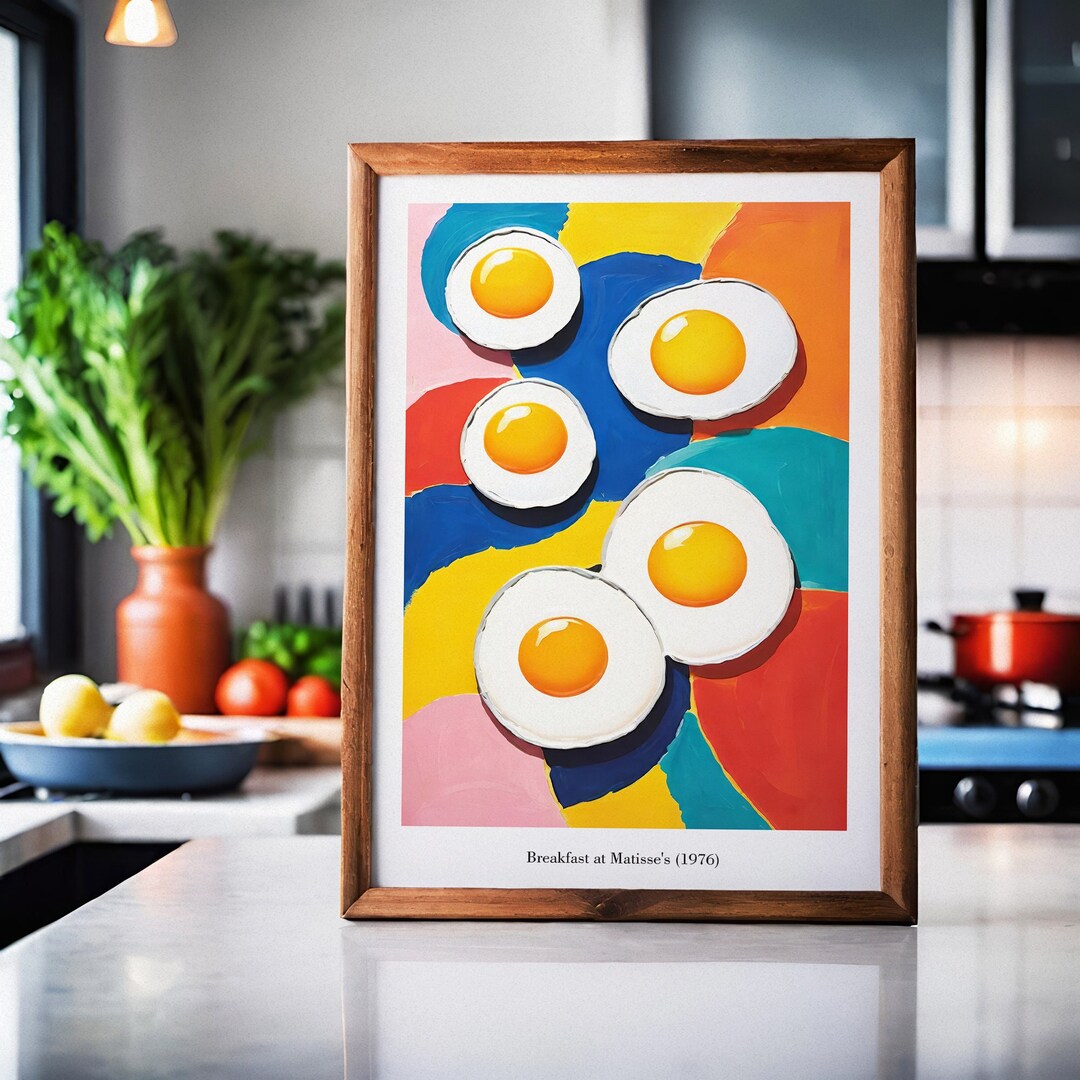 Breakfast at Matisse’s - Colorful Poster, Sunny Fried Eggs, Mid Century ...