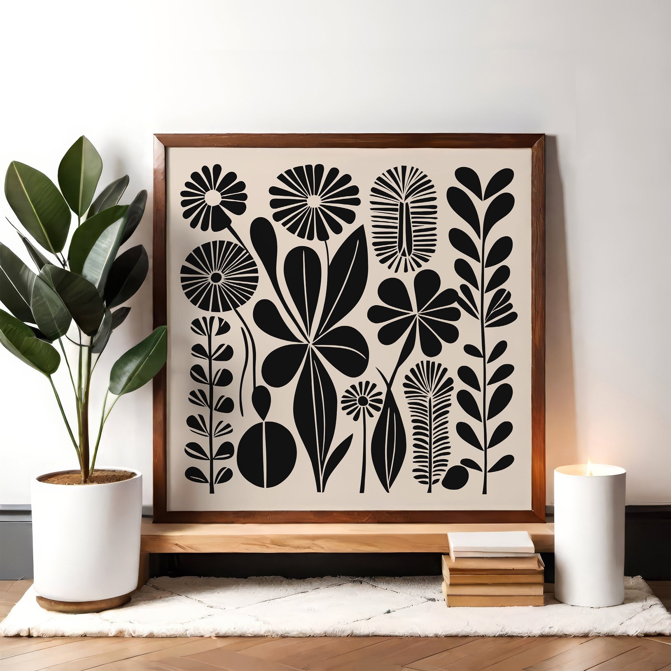 Modern Abstract Black and White Floral Botanical Poster, Minimalist ...