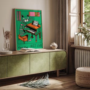 Cool Cat Jazz Club Poster, Green Music Poster, Music Print, Colorful ...