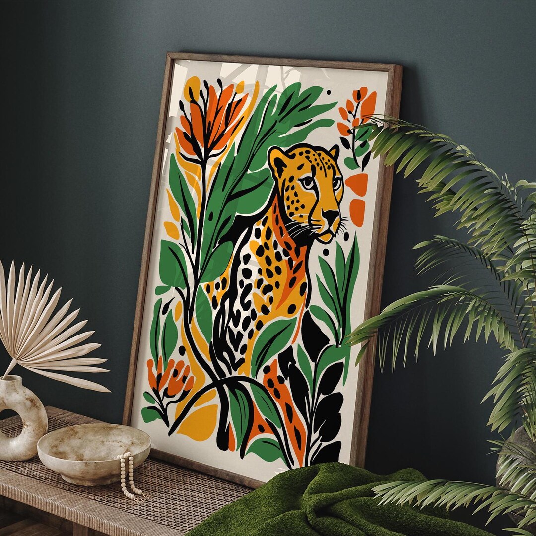 Tropical Jaguar Wall Art Print - Boho Jungle Leopard Poster, Botanical ...