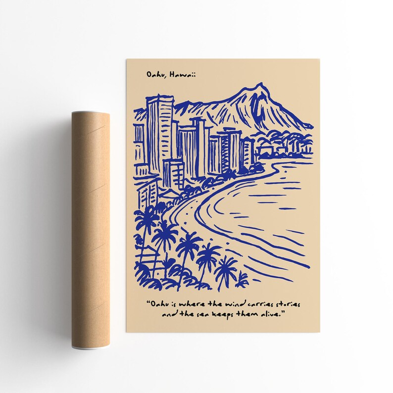 Oahu Hawaii Travel Poster, Waikiki Beach Wall Art, Honolulu Cityscape ...