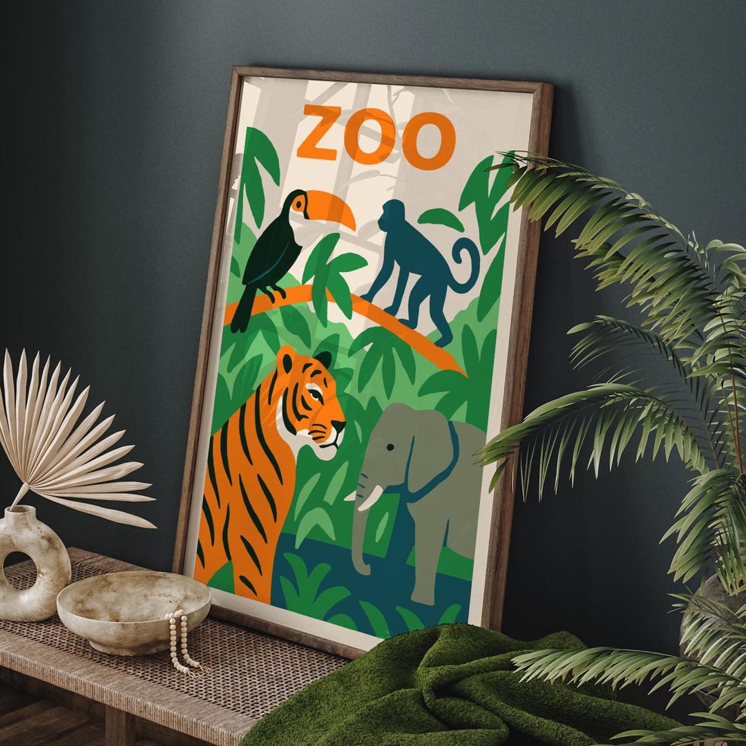 Colorful Zoo Animal Poster, Jungle Wildlife Art Print With Tiger ...