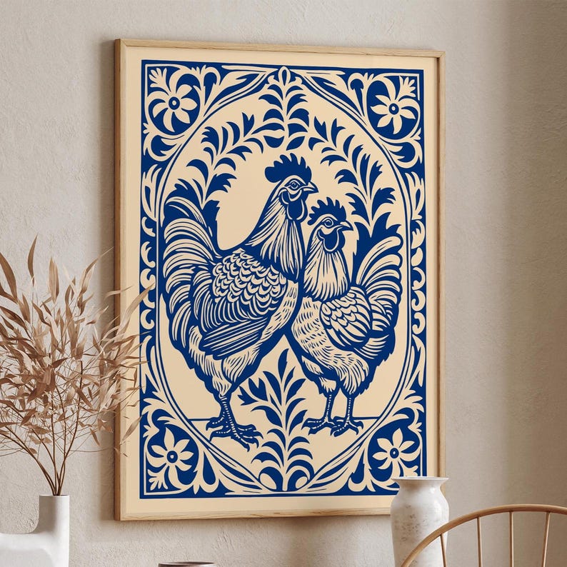 Farmhouse Rooster and Hen Print: Rustic Kitchen Folk Art - Etsy
