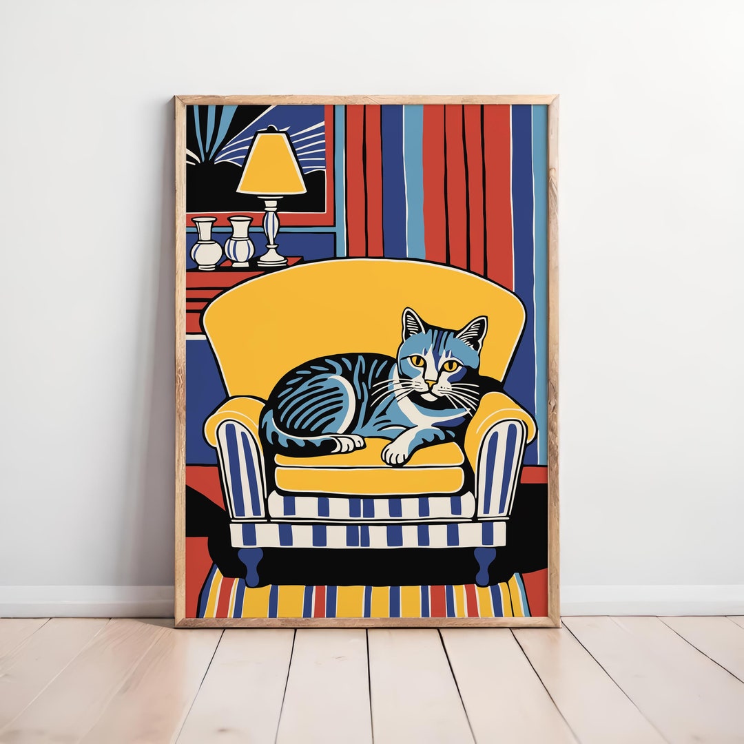 Colorful Pop Art Cat Poster, Vibrant Blue Cat on Yellow Armchair ...