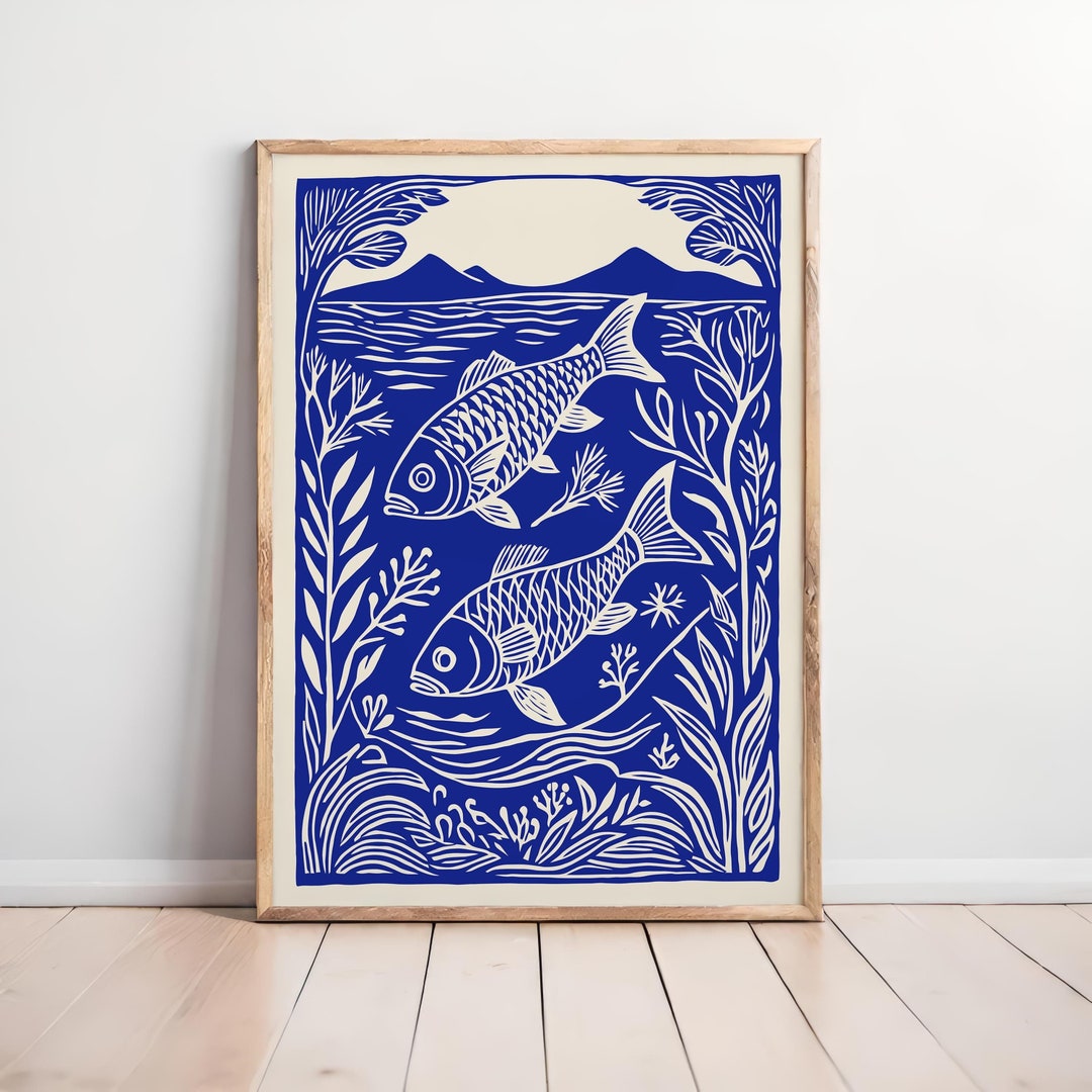 Blue Fish Art Print, Japanese Koi Wall Art, Minimalist Ocean Poster ...