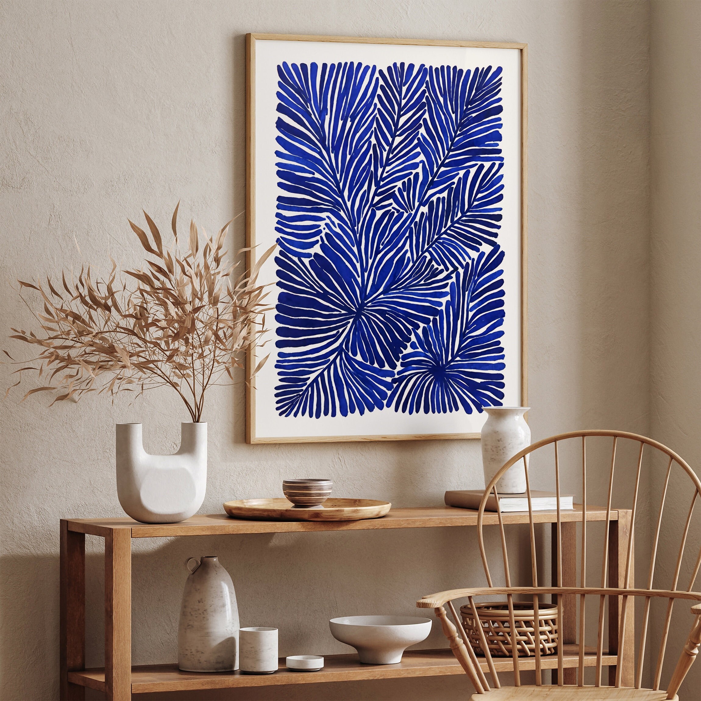 Abstract Floral Blue Poster, Aesthetic Indigo Wall Art, Blue Ink Wall ...