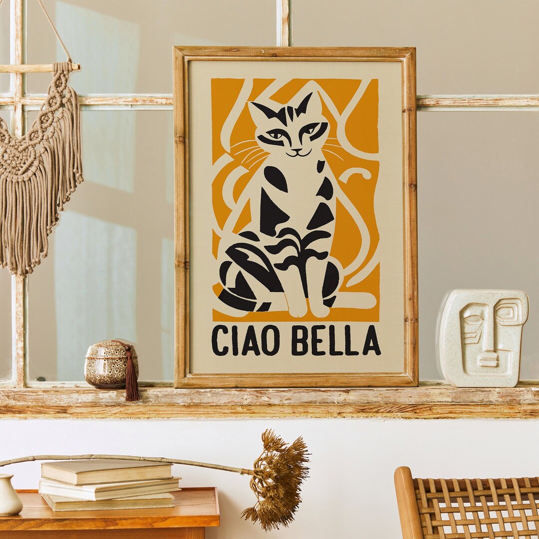 Ciao Bella Cat Print, Italian Quote Wall Art, Cute Yellow Cat, Vintage ...