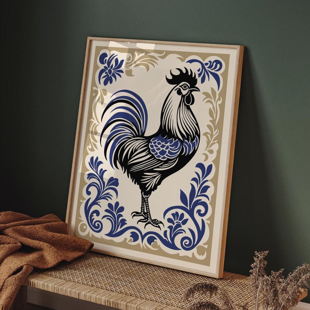 Vintage Rooster Poster, Rustic Farmhouse Wall Art, Blue and Beige ...