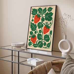 Botanical Strawberry Poster - Retro Kitchen Decor - Bold Red and Green ...