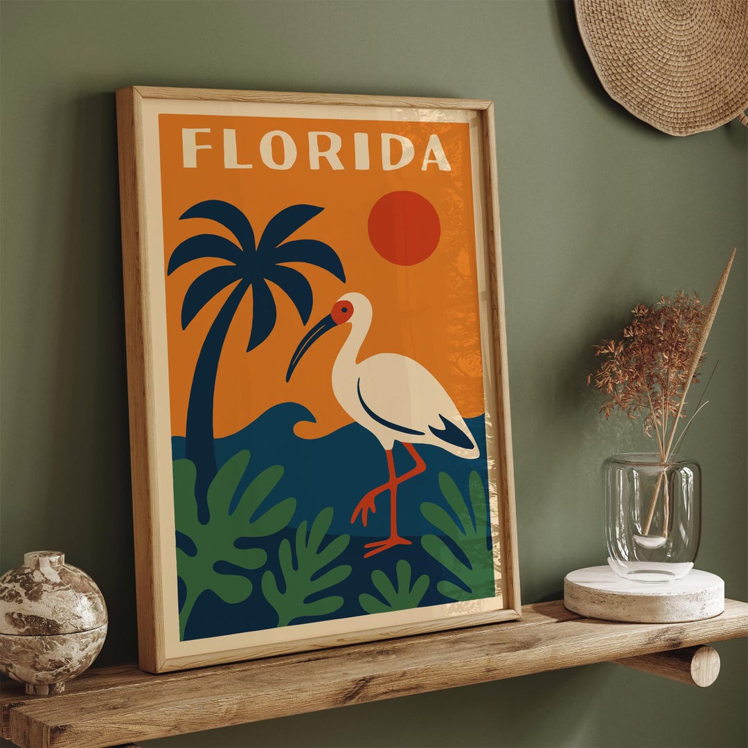 Florida Retro Tropical Travel Poster, Vintage Sunshine State Wall Art ...